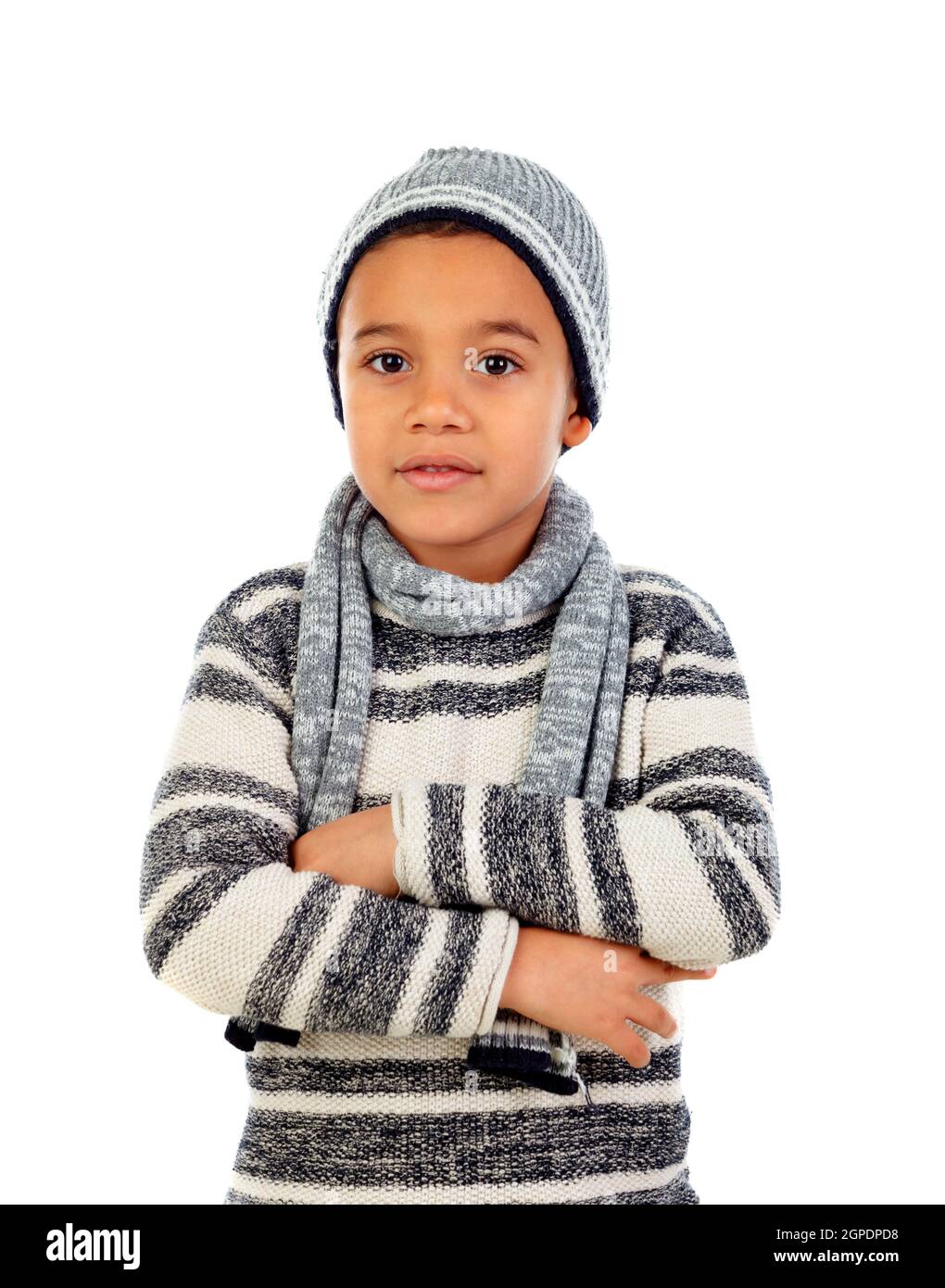 Beautiful child with wool scarf isolated on a white background Stock ...