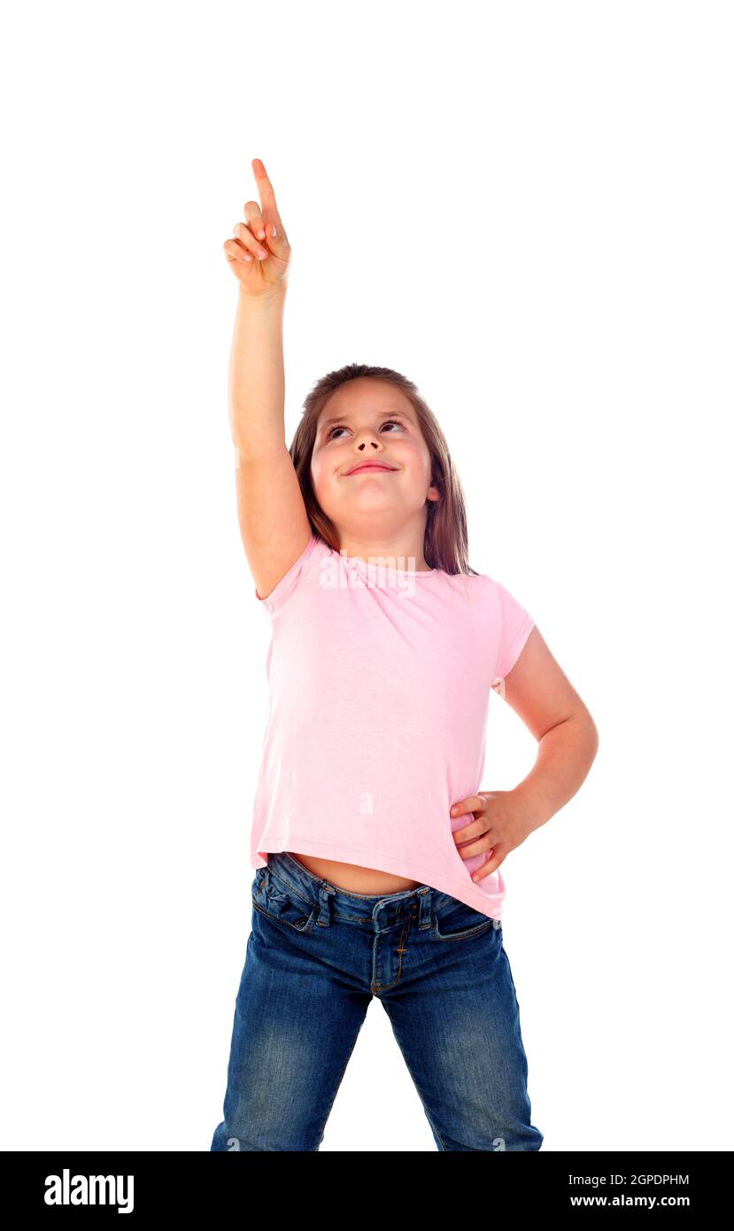 Cute child girl pointing with his finger isolated on white background ...
