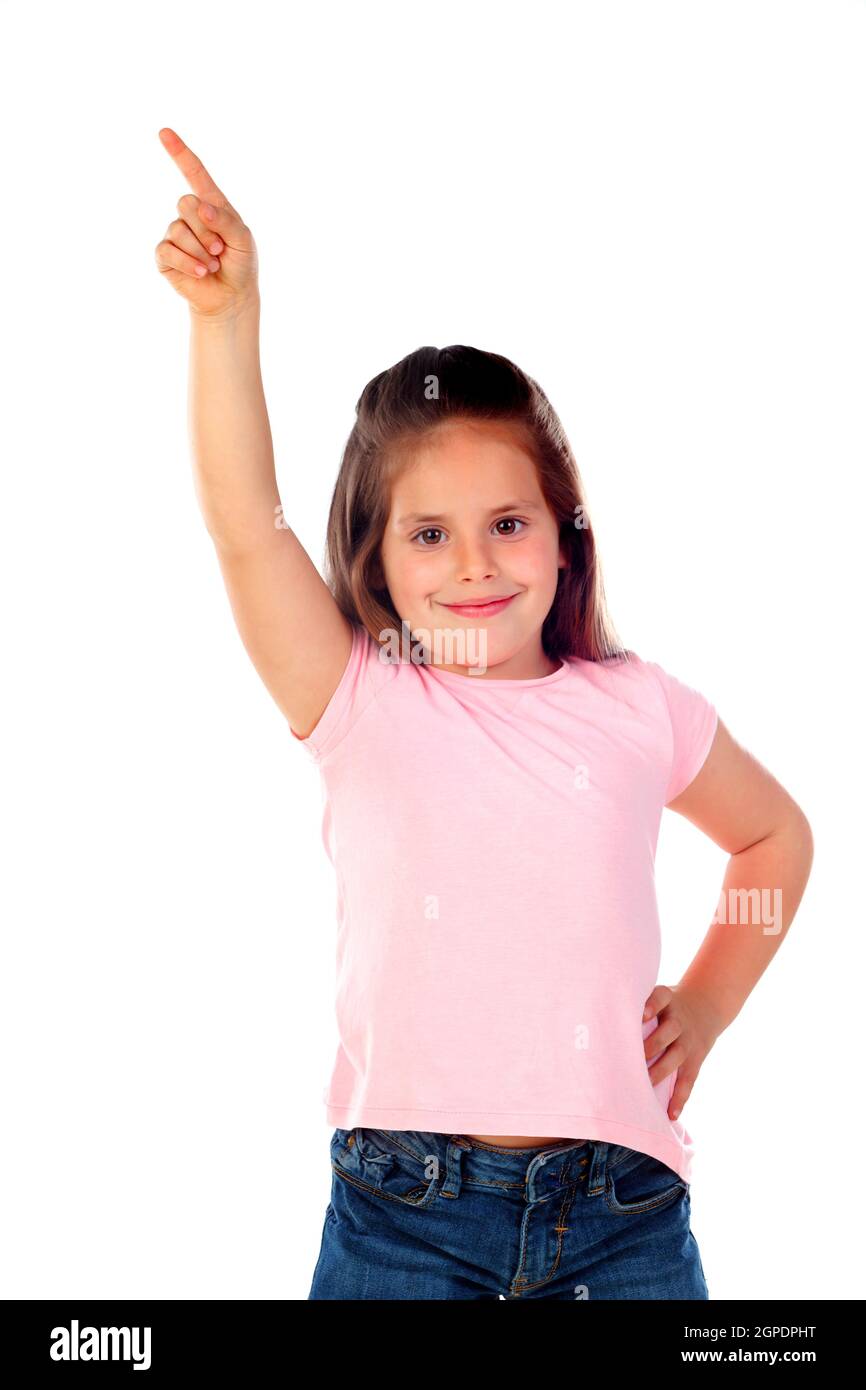 Cute child girl pointing with his finger isolated on white background ...