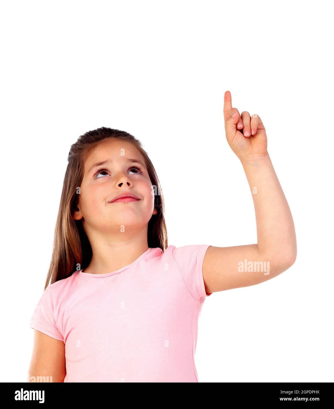 Cute child girl pointing with his finger isolated on white background ...
