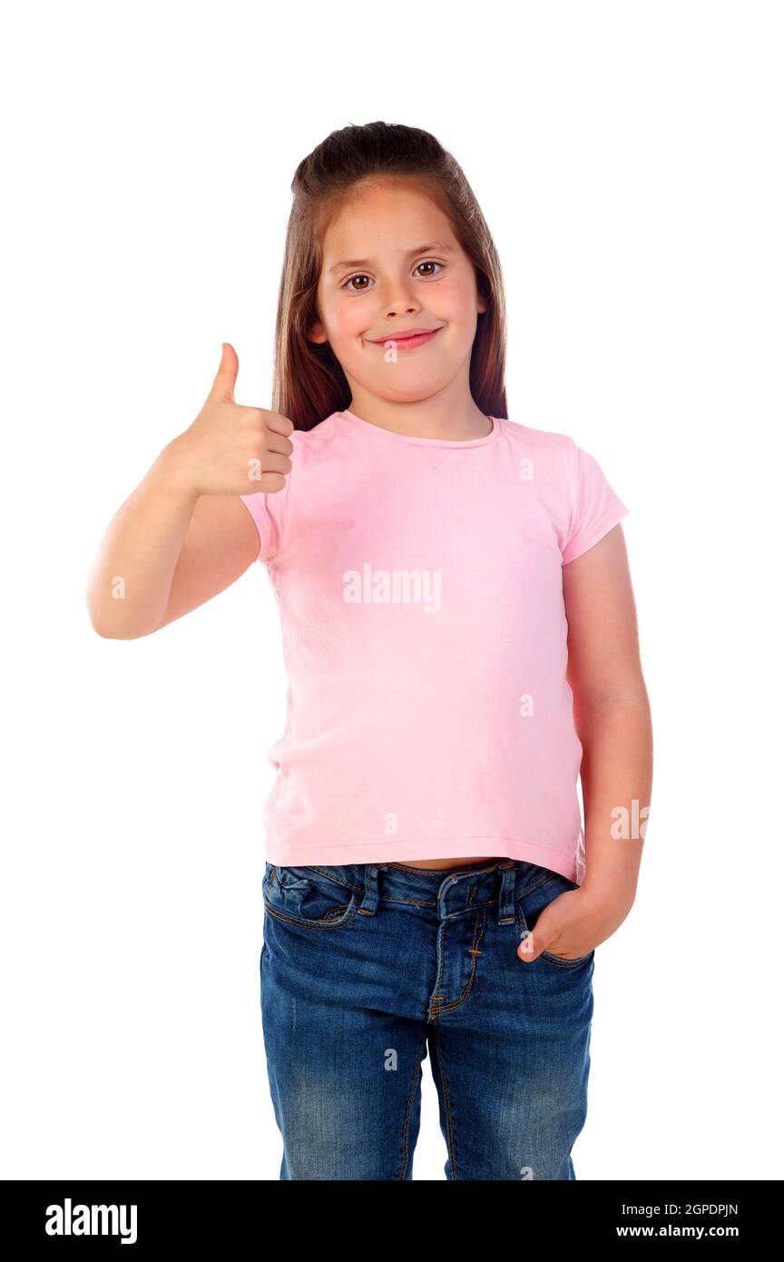 Friendly child saying Ok with her thumb isolated on a white background ...