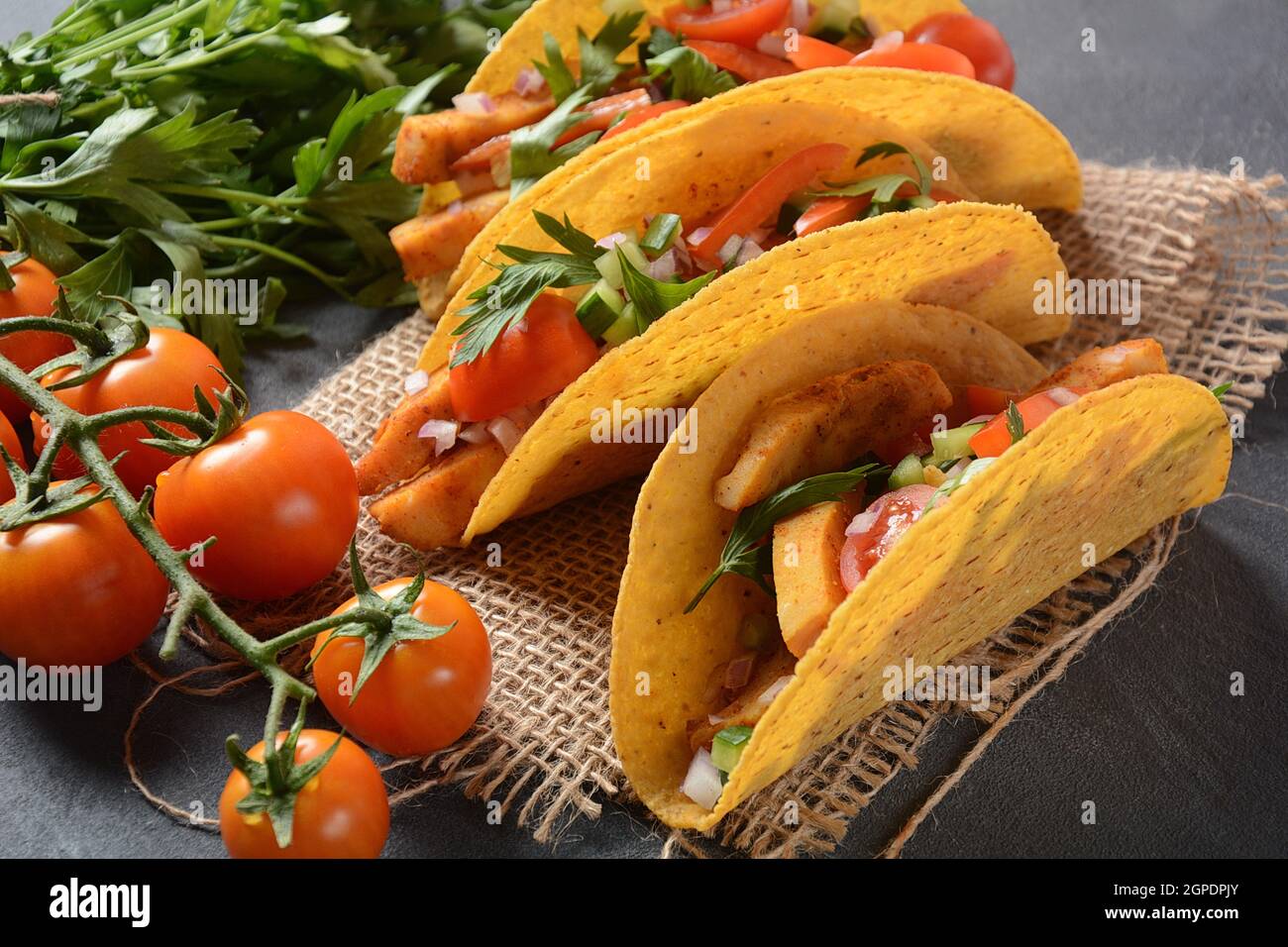 Tacos with grilled chicken and vegetables - Mexican food style Stock ...