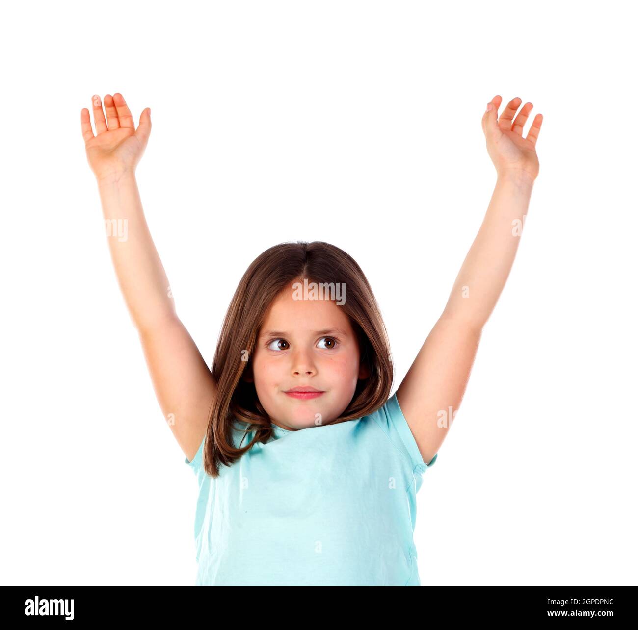 Happy girl raising her arms isolated on a white background Stock Photo ...