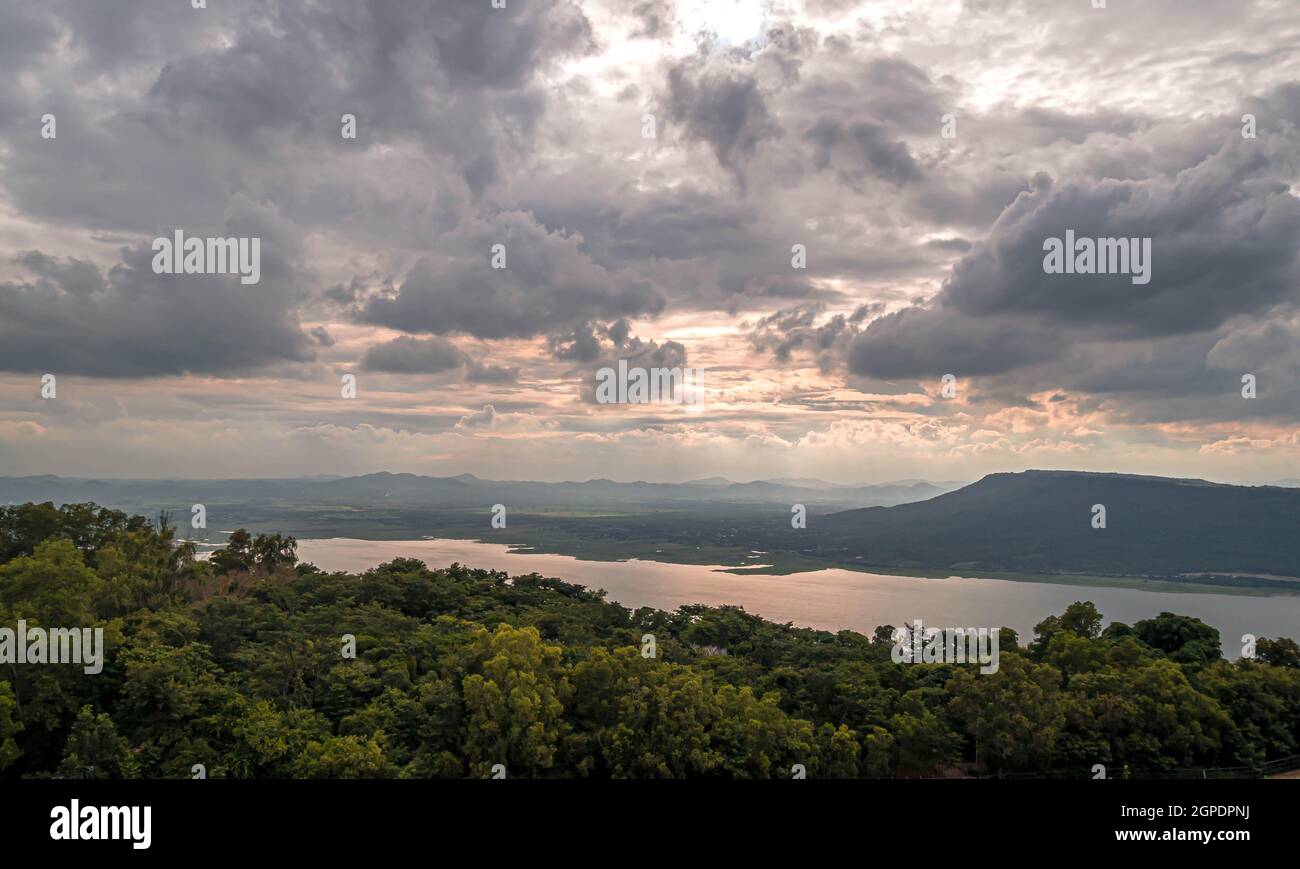 Aerial panorama haze of lake or river, mountain hills and forest ...