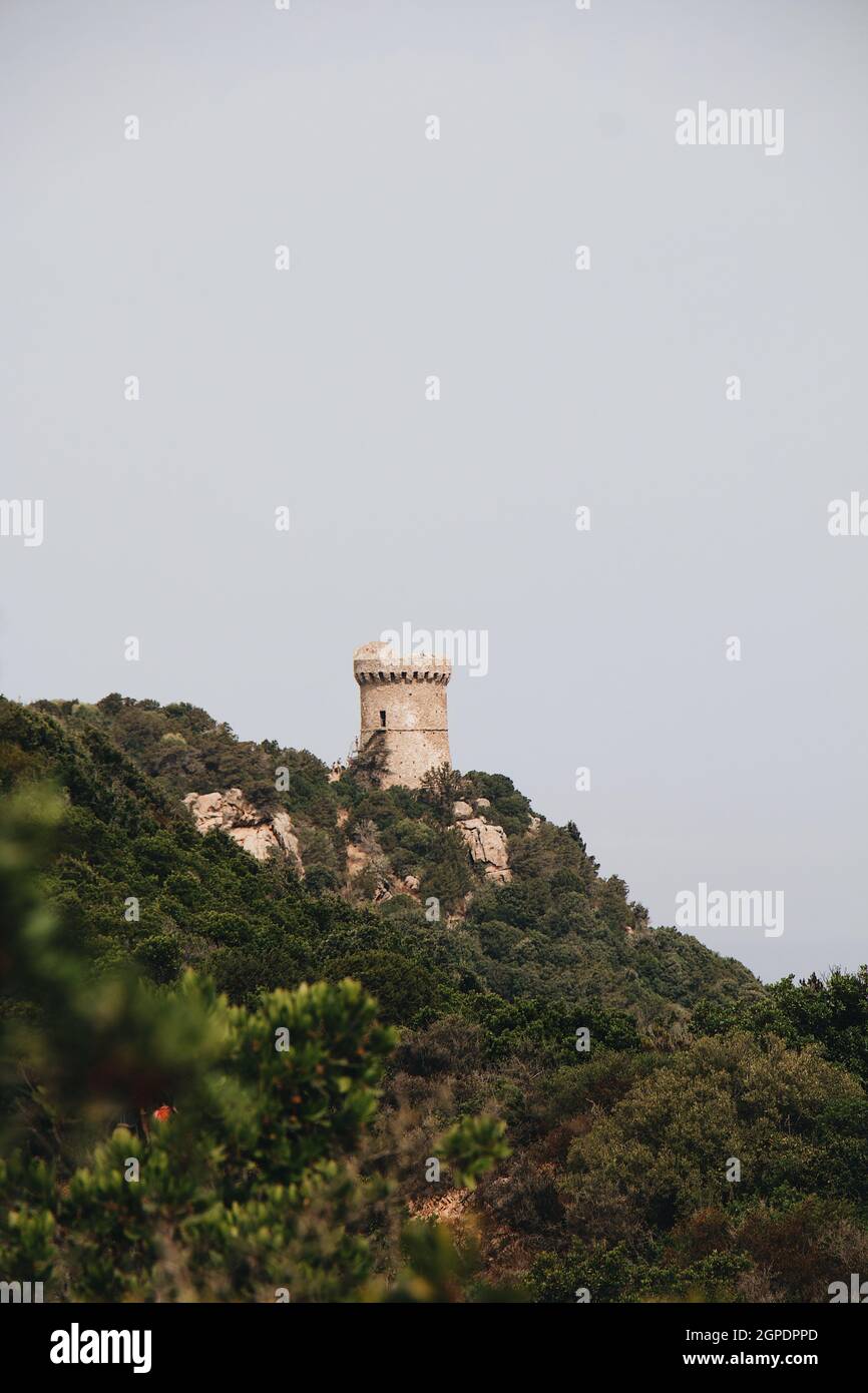 Vertical shot of the ruins of the round Genoese tower in Corsica Stock ...