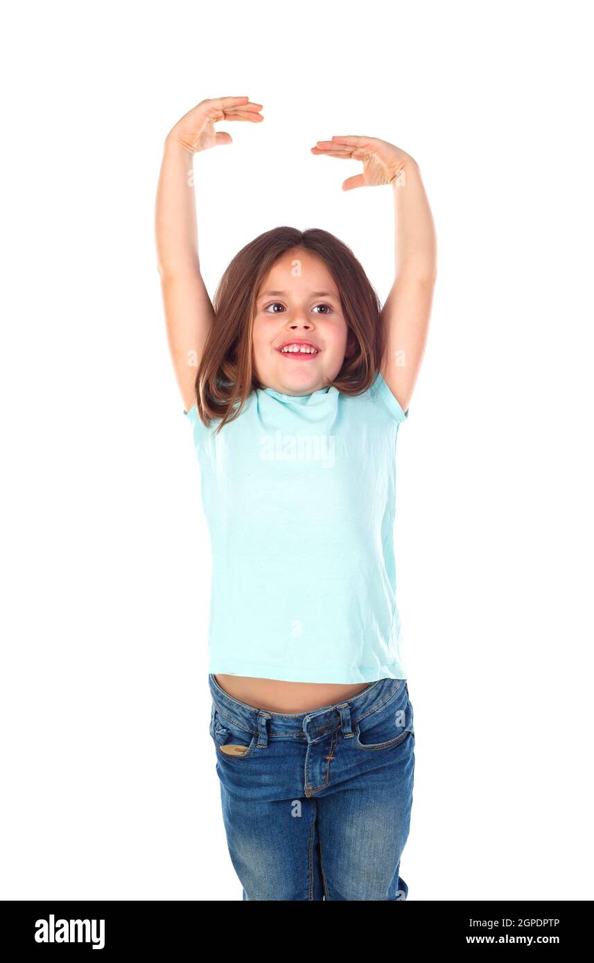 Happy girl raising her arms isolated on a white background Stock Photo ...