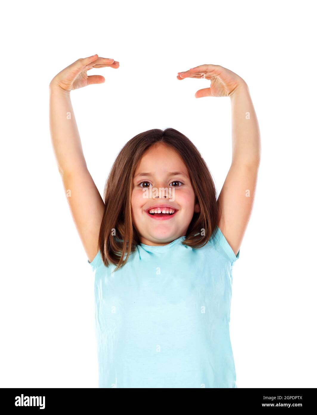 Happy girl showing her grouth. I´m very tall Stock Photo - Alamy