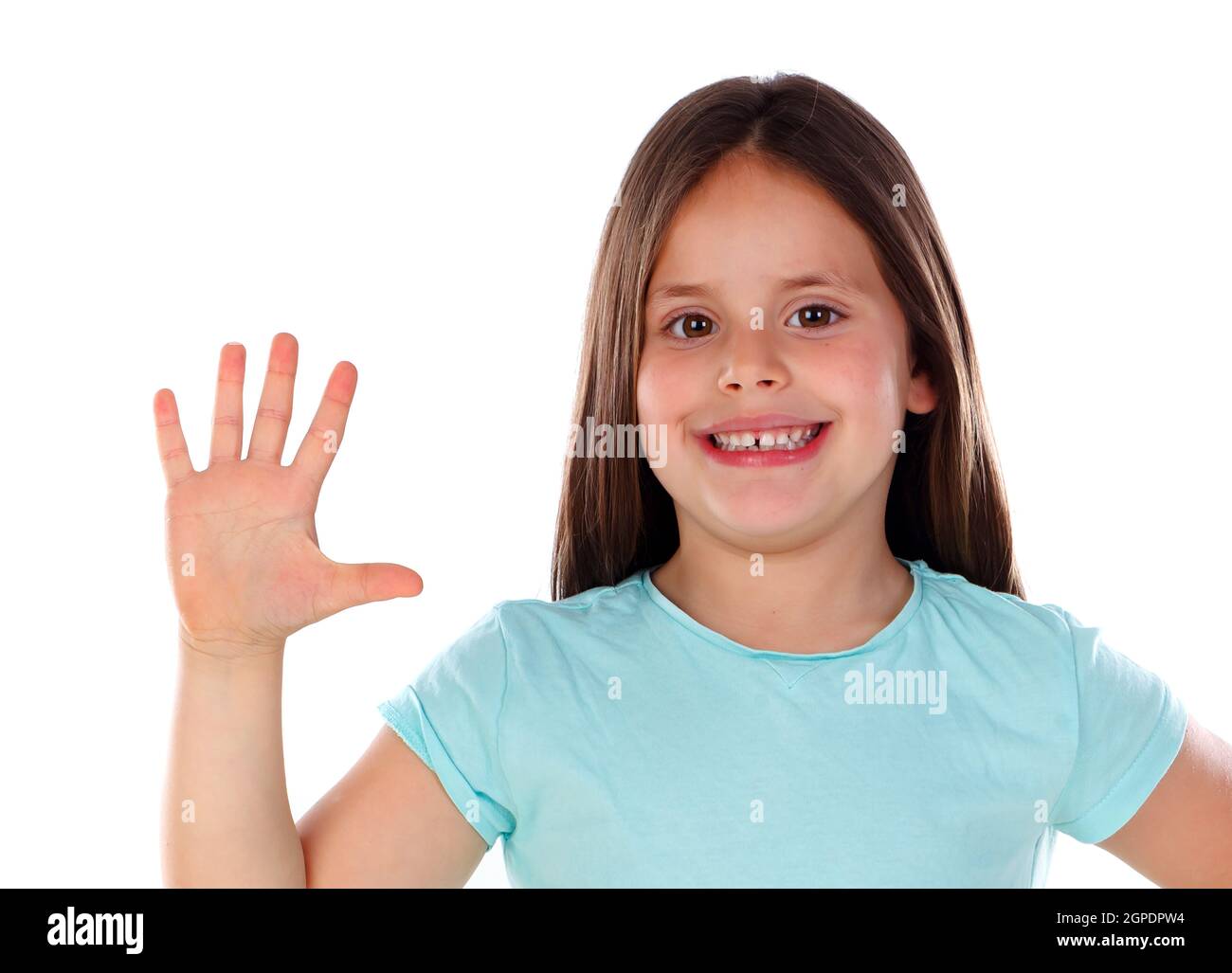 Adorable child girl counting with his fingers isolated on a white ...