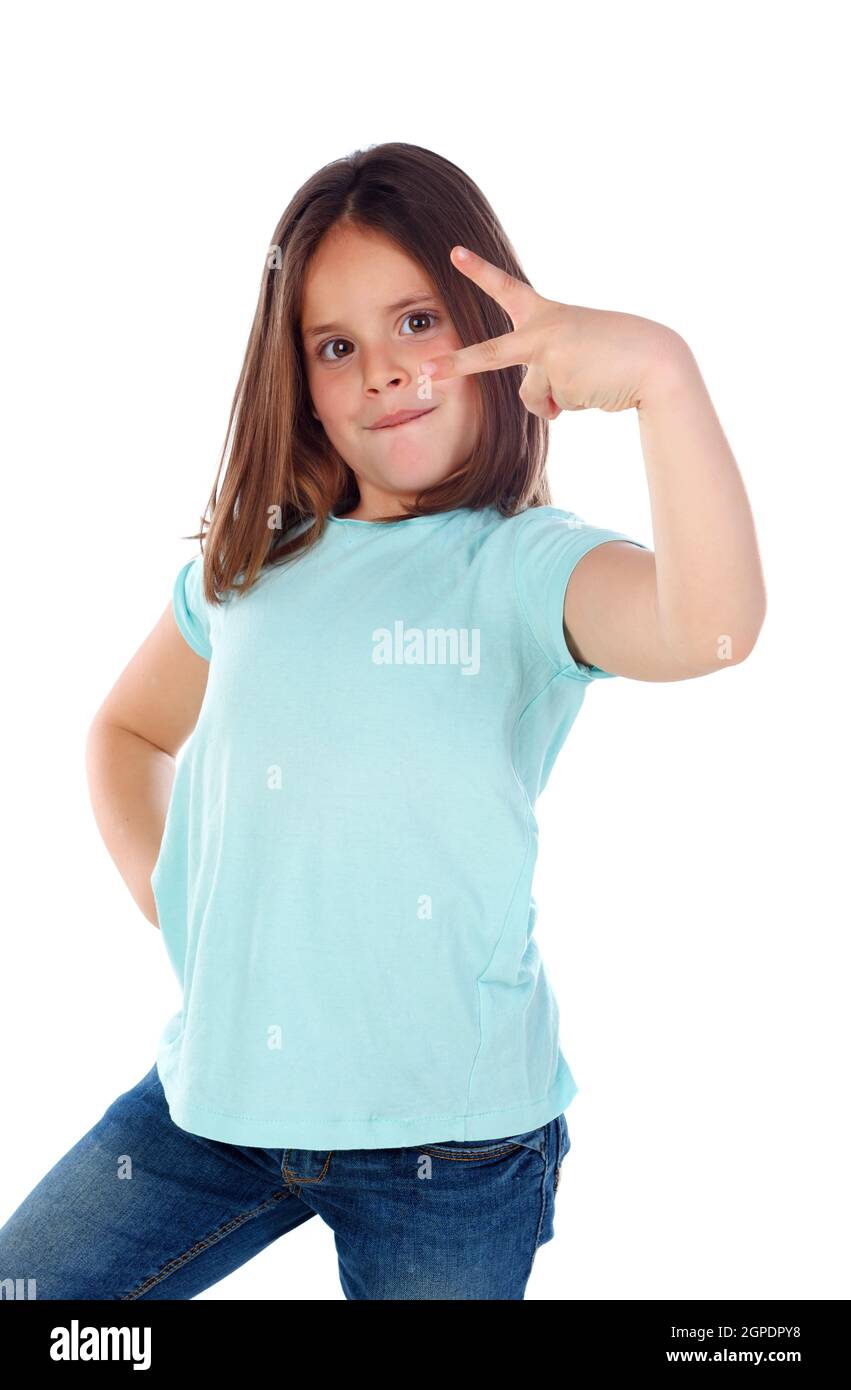 Funny small girl posing like a fashion woman isolated on a white ...