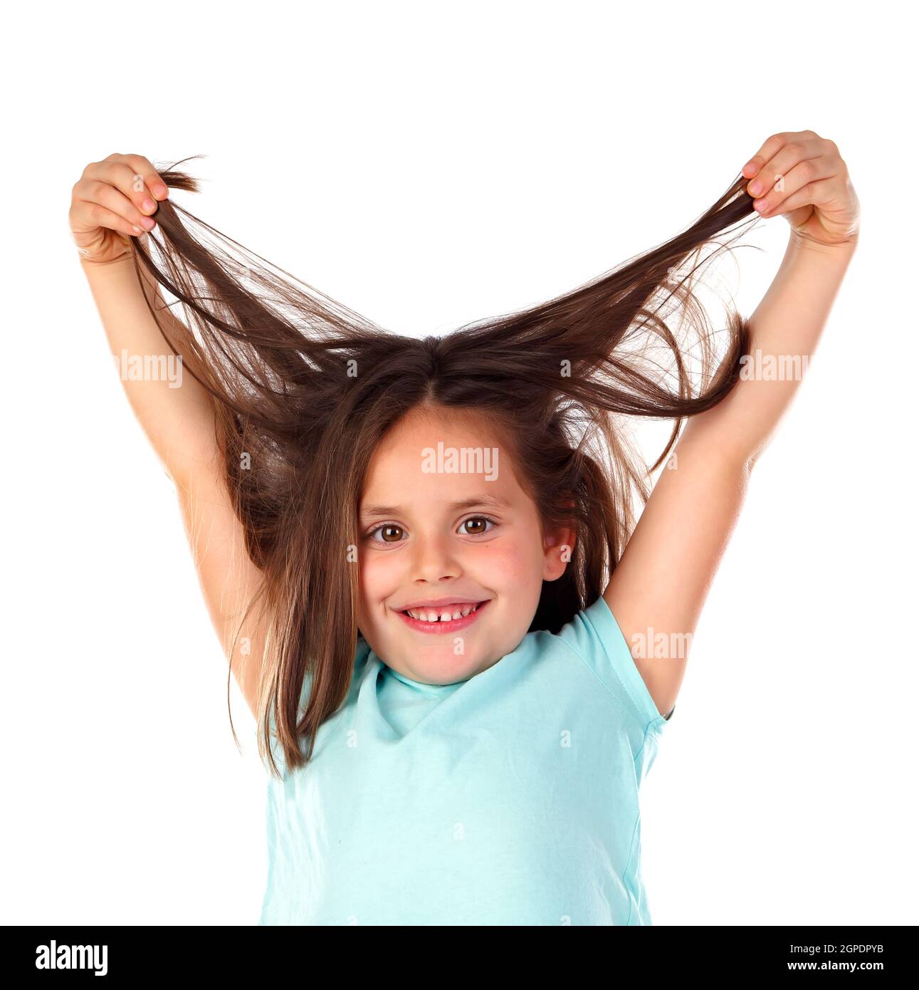Crazy child girl pullin her hairs isolated on a white background Stock ...
