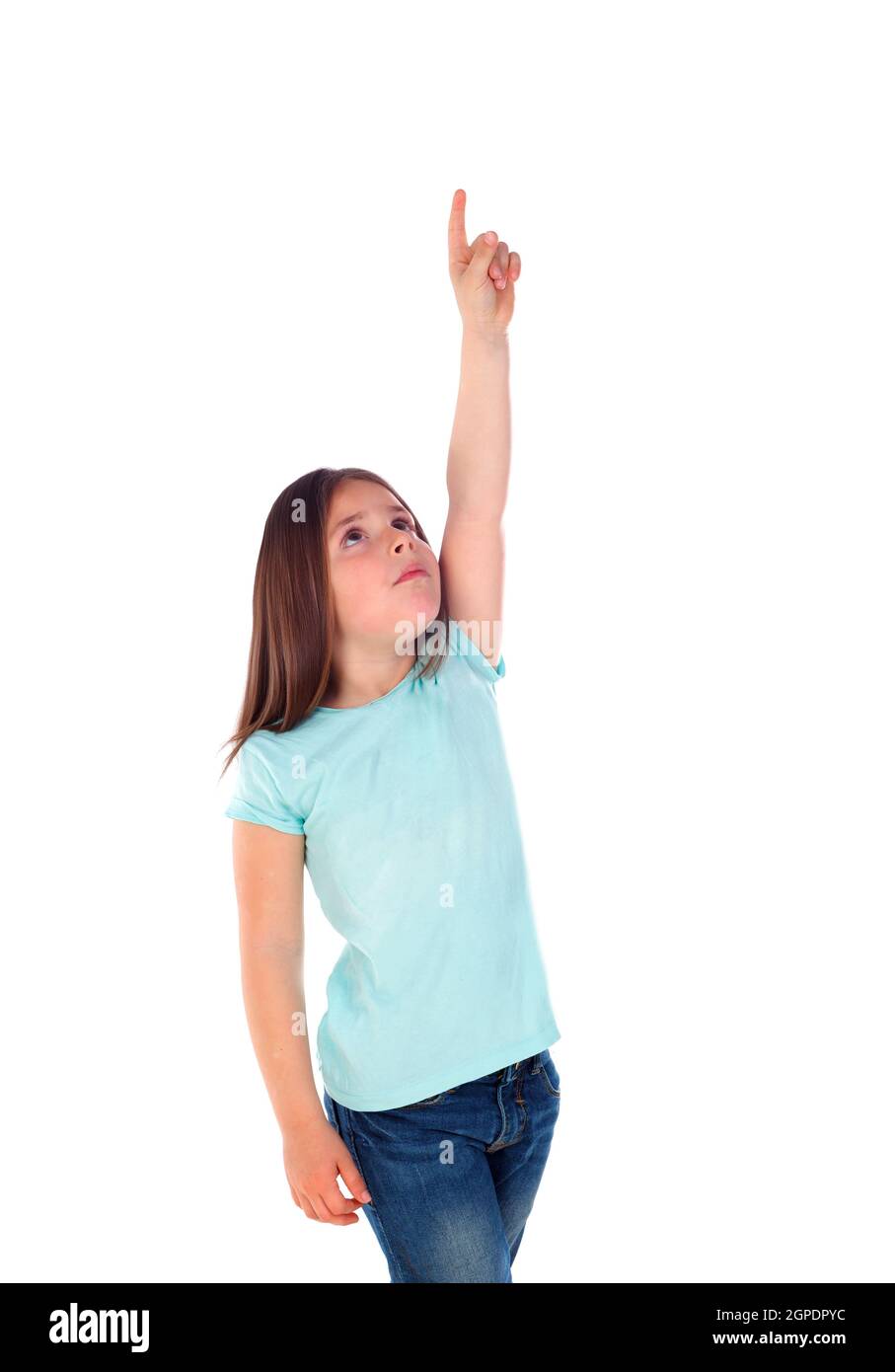 Cute child girl pointing with his finger isolated on white background ...