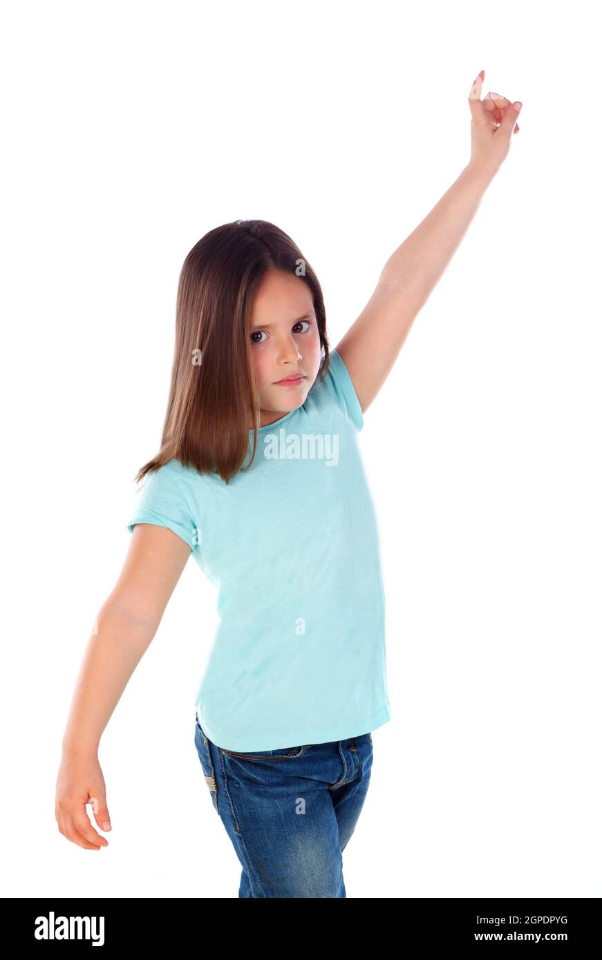 Cute child girl pointing with his finger isolated on white background ...