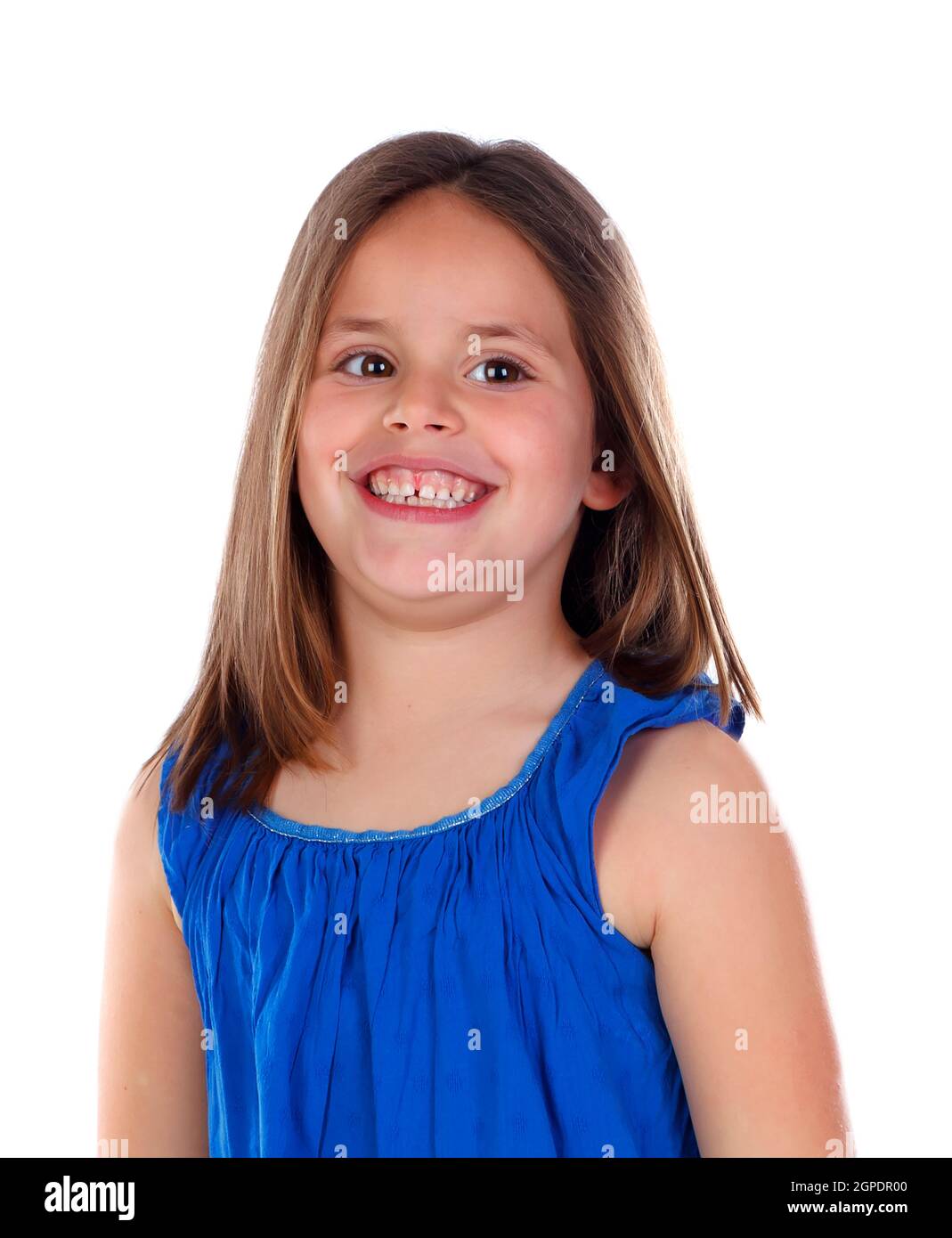 Happy small girl with straight hair isolated on a white background ...