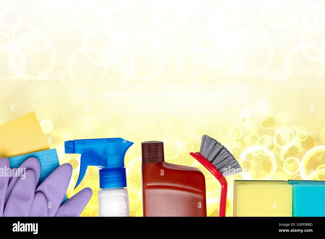 Spring cleaning background. Close-up of house cleaning products and ...