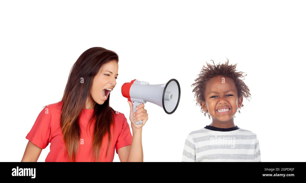 Craizy mum shouting by a megaphone to her son isolated on a white ...