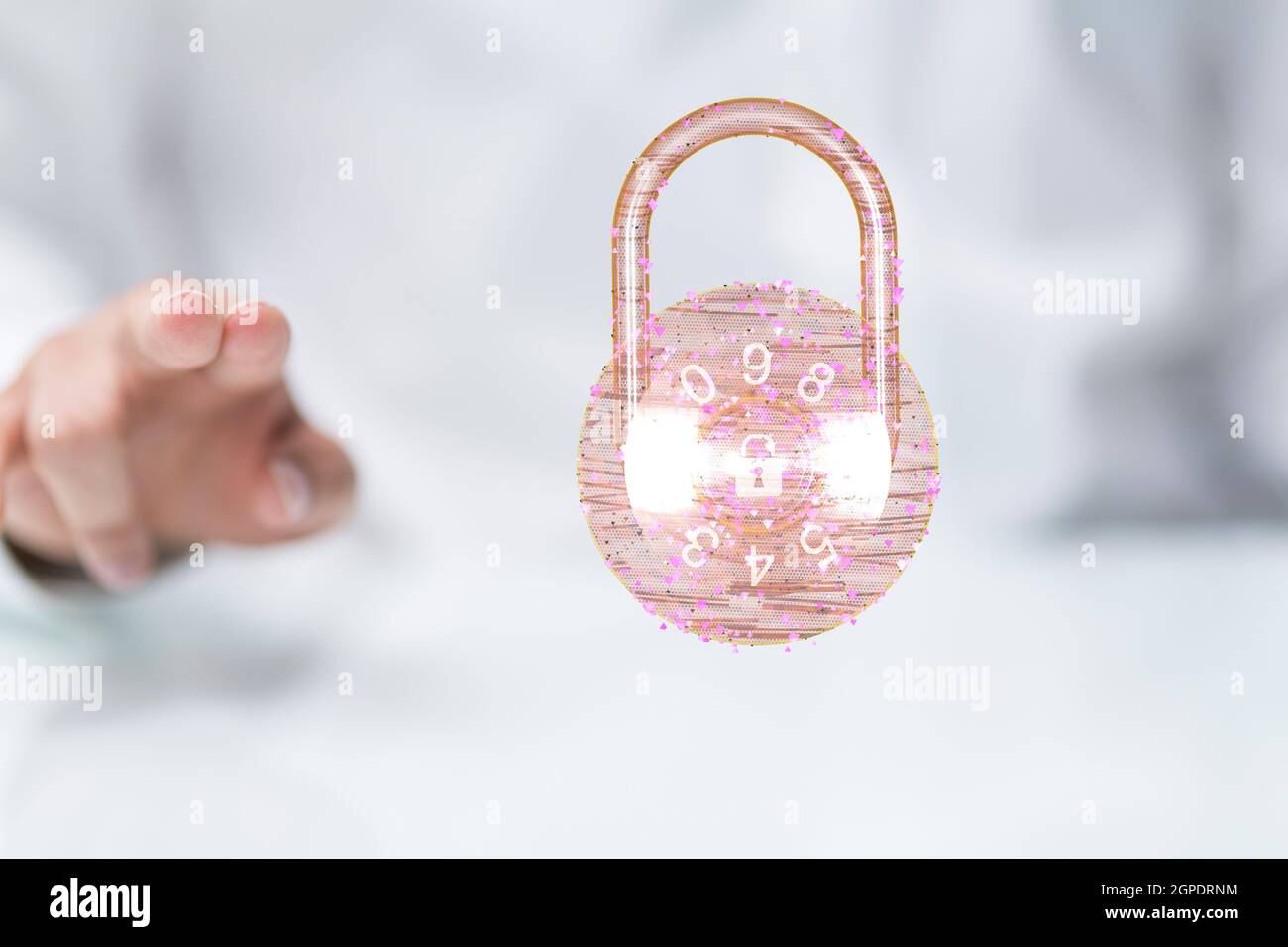 3d rendering of a red cybersecurity lock concept reached by a hand on a ...