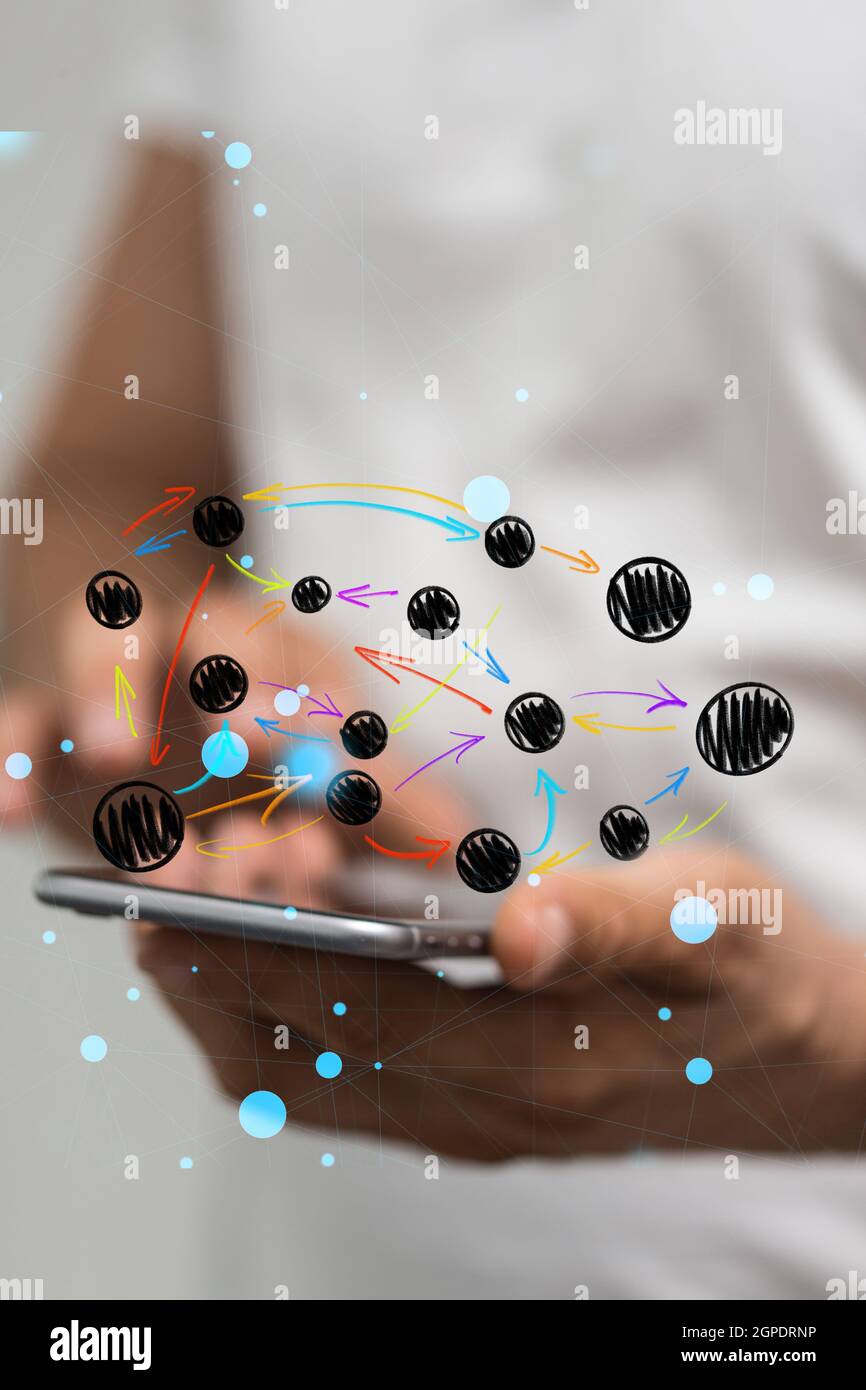 Vertical 3d rendering of social networking scheme with connections over ...