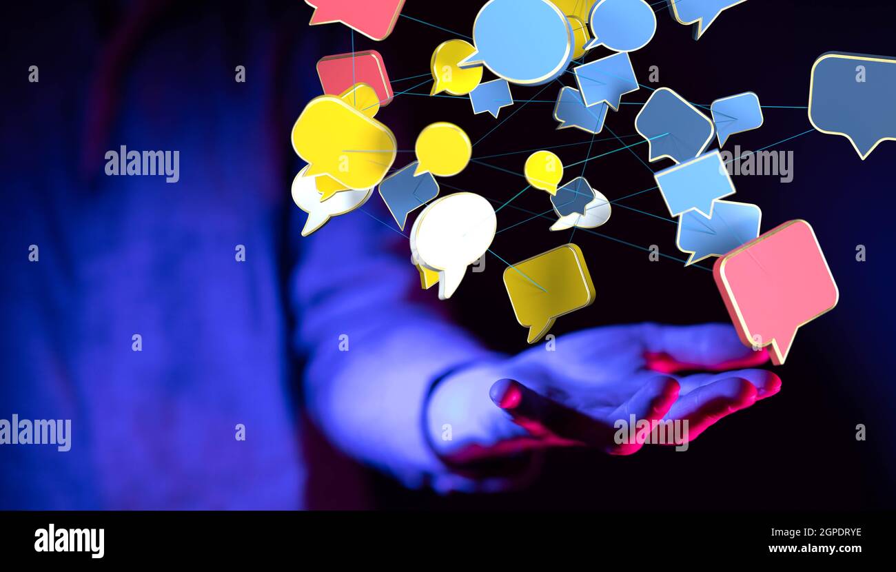 3d rendering of colorful messaging cloud icons over a hand with a ...