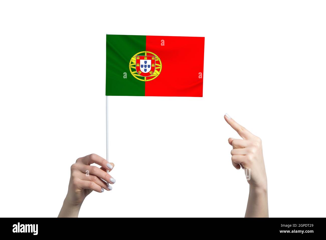 A beautiful female hand holds a Portugal flag to which she shows the ...