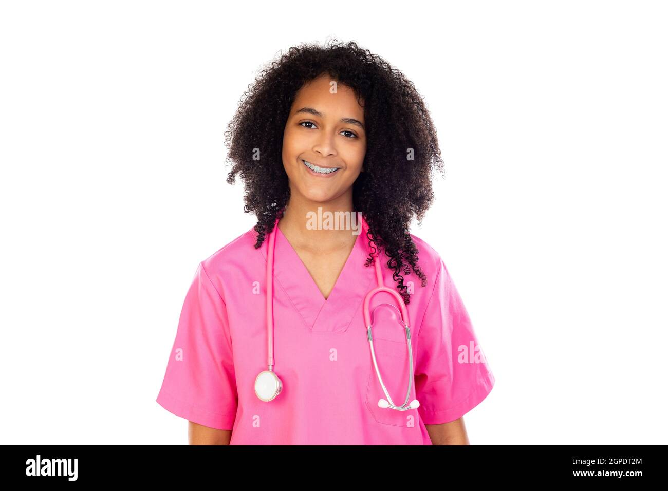 Adorable little doctor with pink uniform isolated on a white background ...