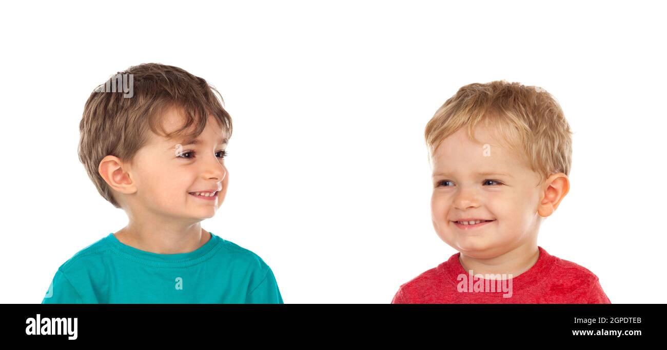 Portrait of two happy brothers isolated on a white background Stock ...
