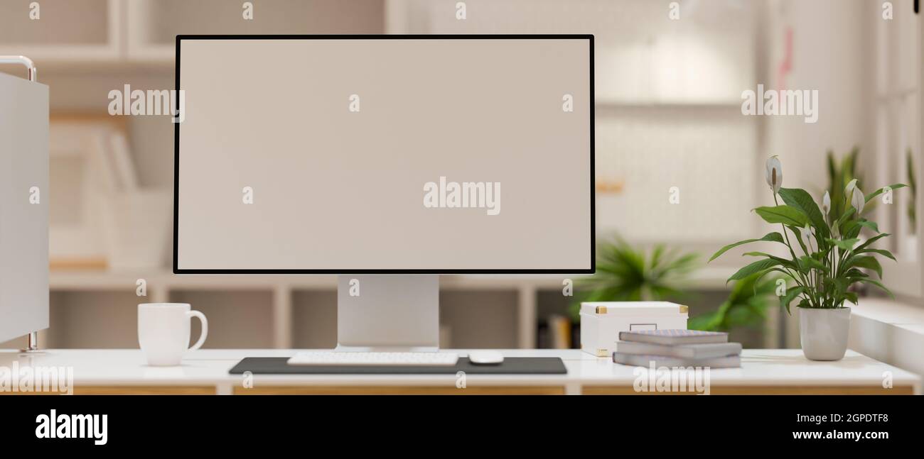 Close-up of Modern desktop computer in white screen mockup on working ...