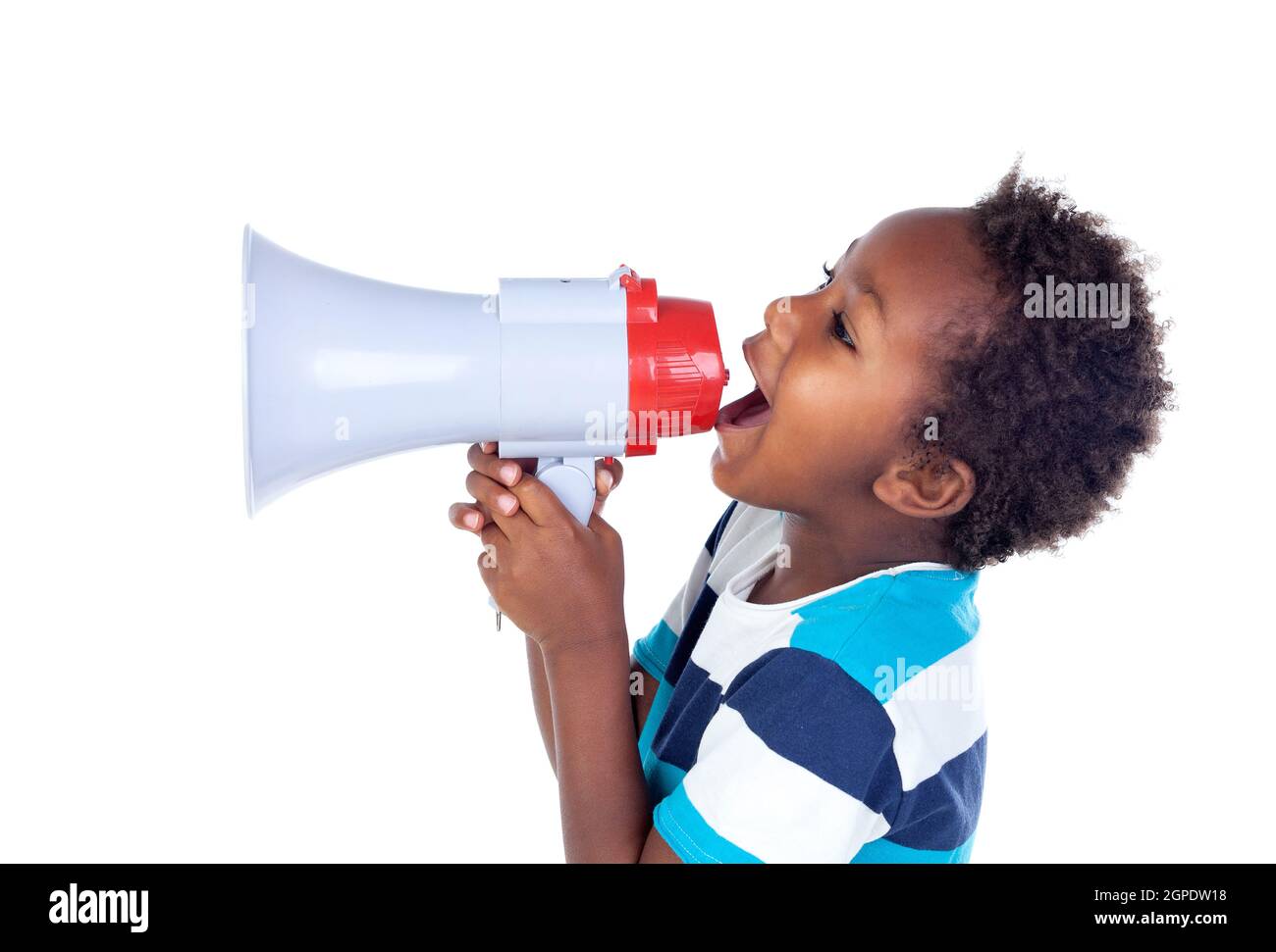 Small boy shouting through a megaphone isolated on white background ...
