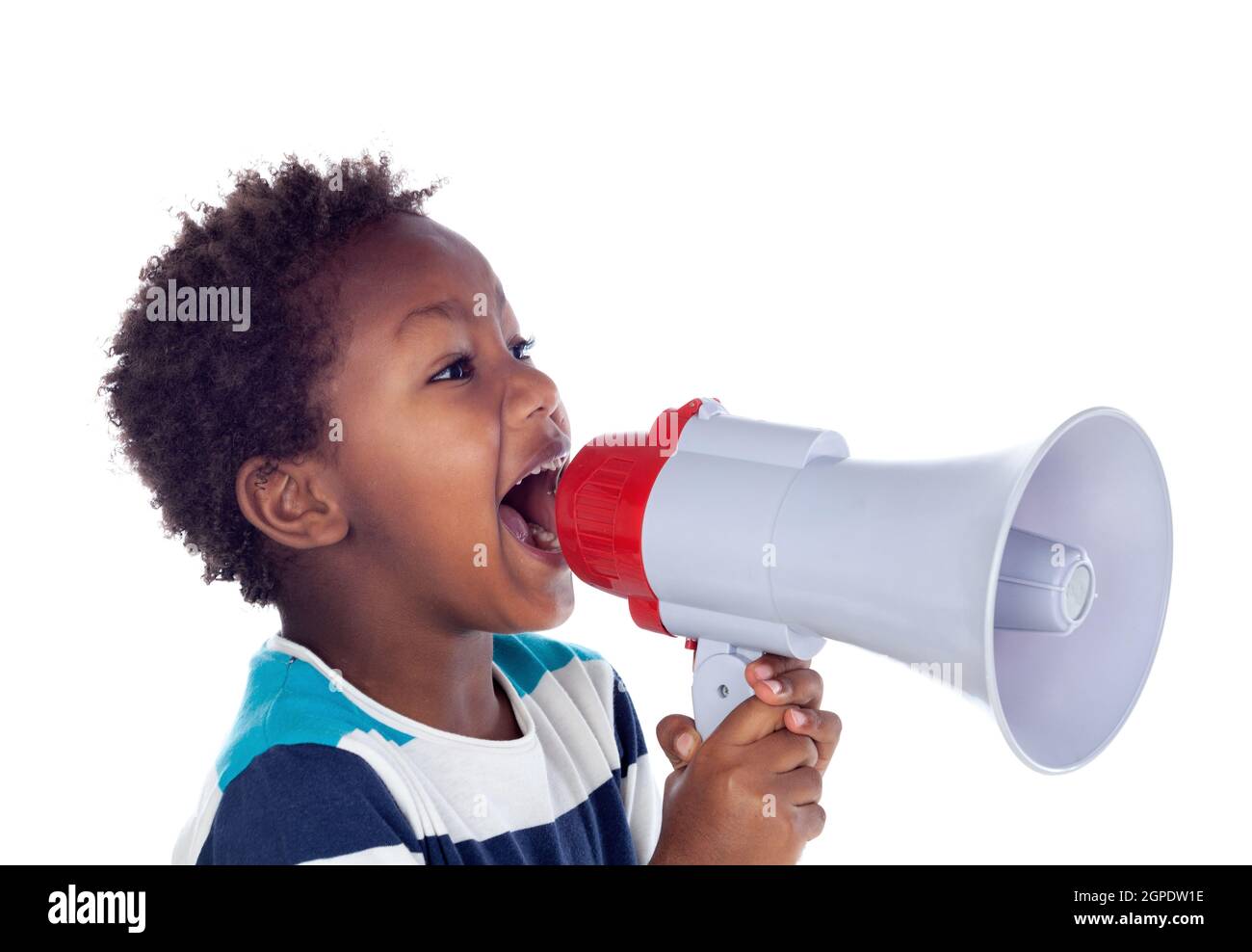 Small boy shouting through a megaphone isolated on white background ...