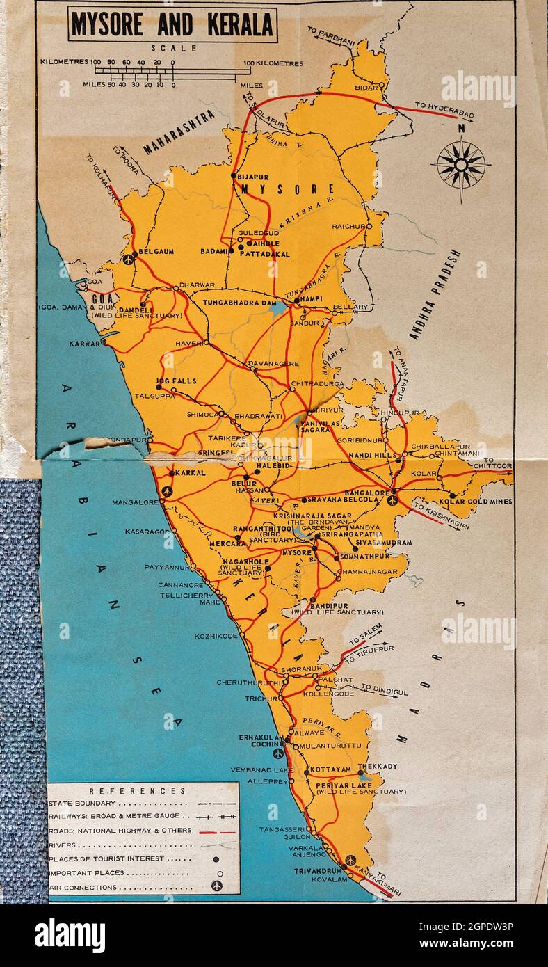 08 12 2021 Vintage Art Deco Design Road Map showing Mysore and Kerala's ...