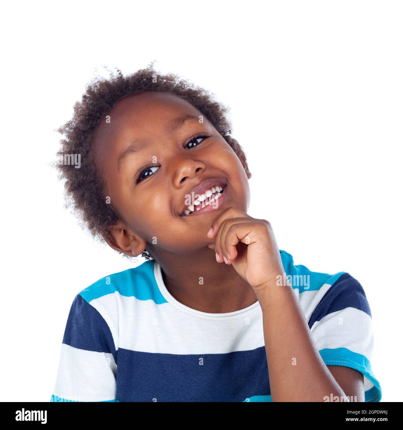 Adorable afroamerican child thinking isolated on a white background ...