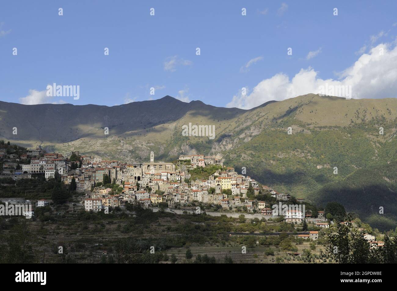 view of medieval mediterranean village in hilly inland landscape Stock ...