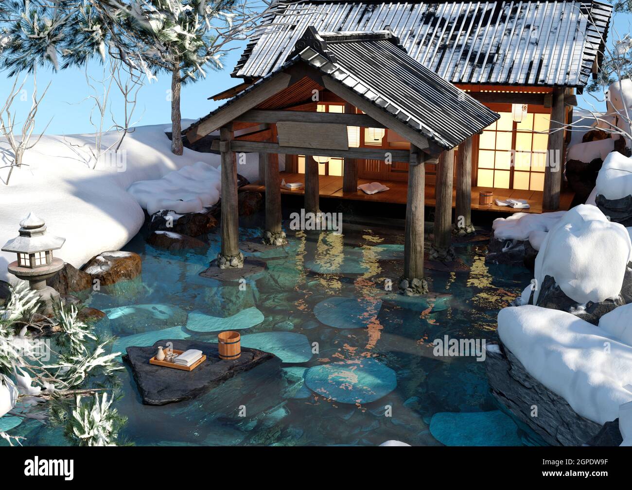 3D rendering of a Japanese winter spa outside Stock Photo - Alamy