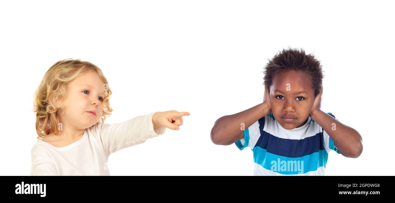 Two adorable children isolated on a white background Stock Photo - Alamy
