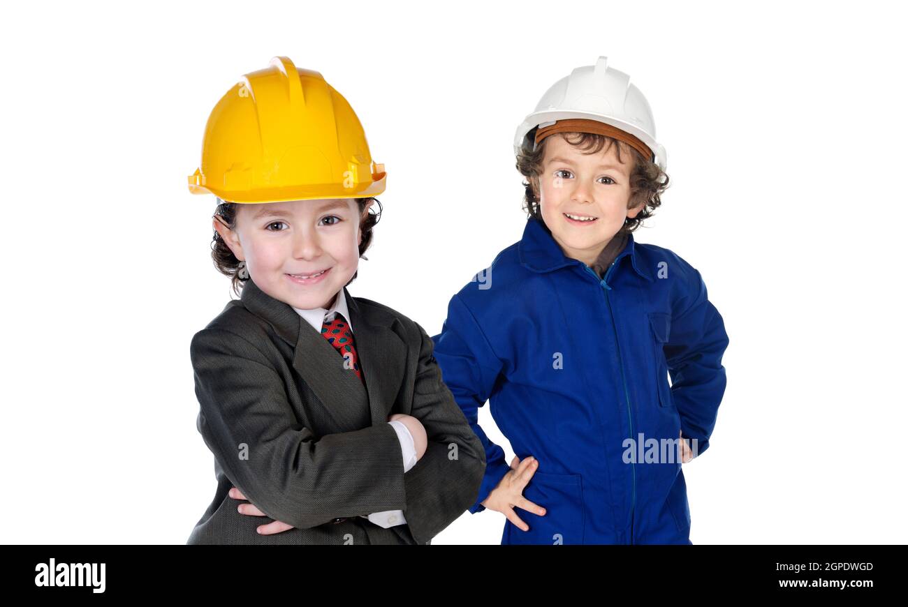 Children with helmet like a engineer and a construction worker isolated ...