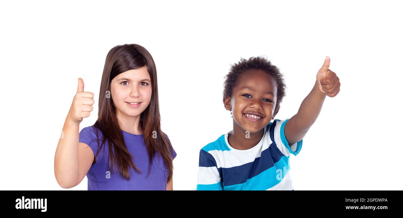 Happy classmates saying Ok with their thumbs up isolated on a white ...