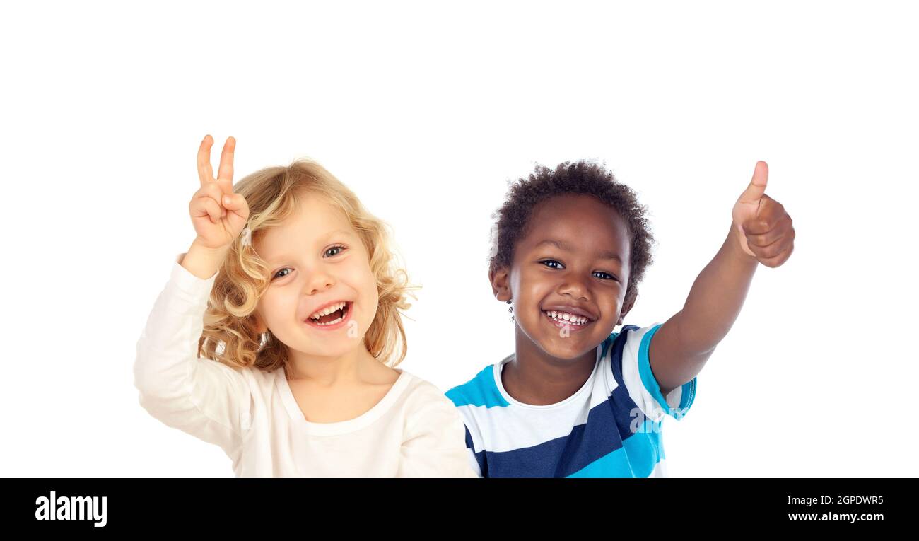 Happy classmates saying Ok with their thumbs up isolated on a white ...