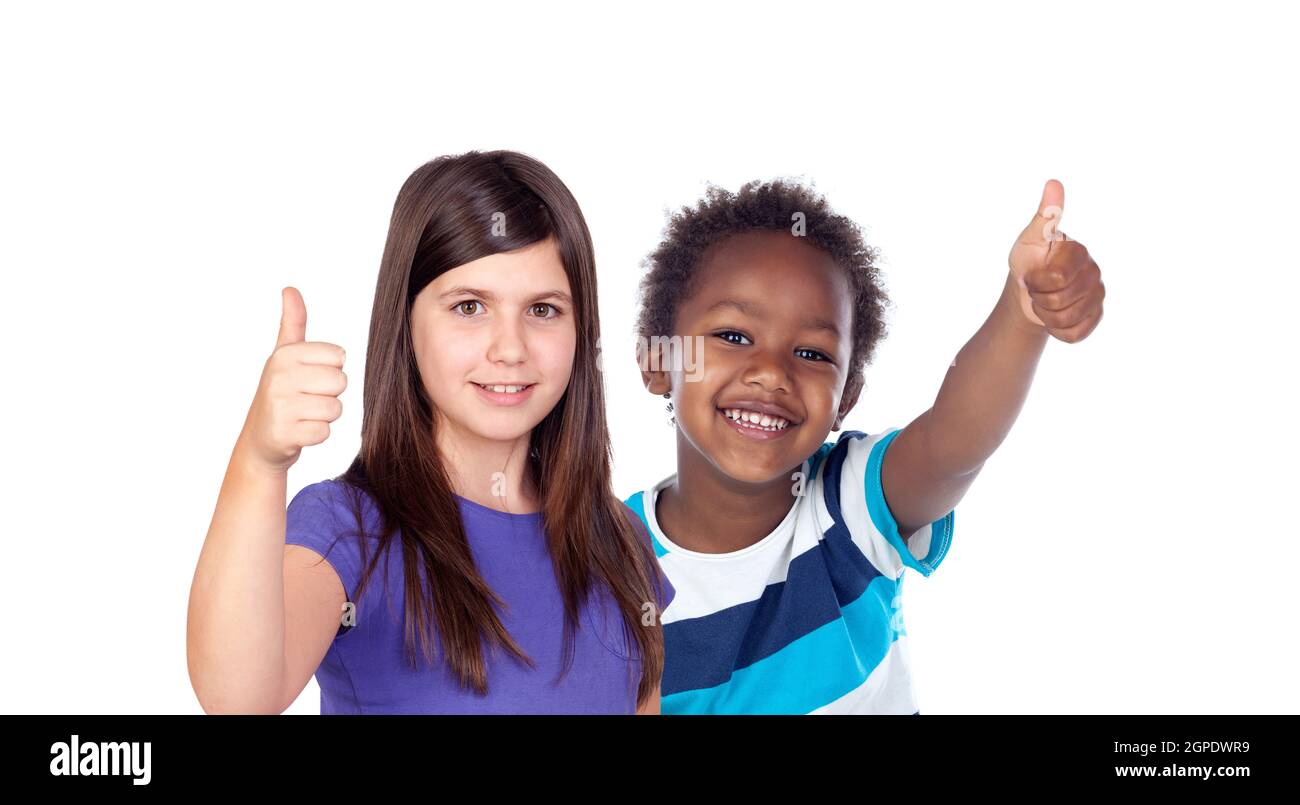 Happy classmates saying Ok with their thumbs up isolated on a white ...