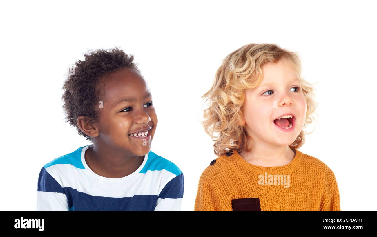 Two adorable children of different races isolated on a white background ...