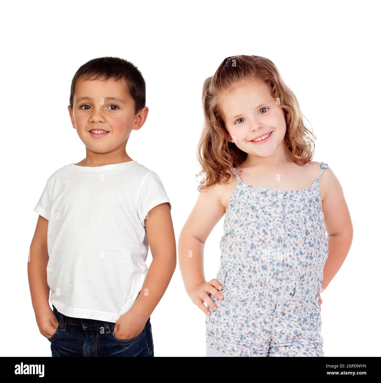 Two happy children isolated on a white background Stock Photo - Alamy