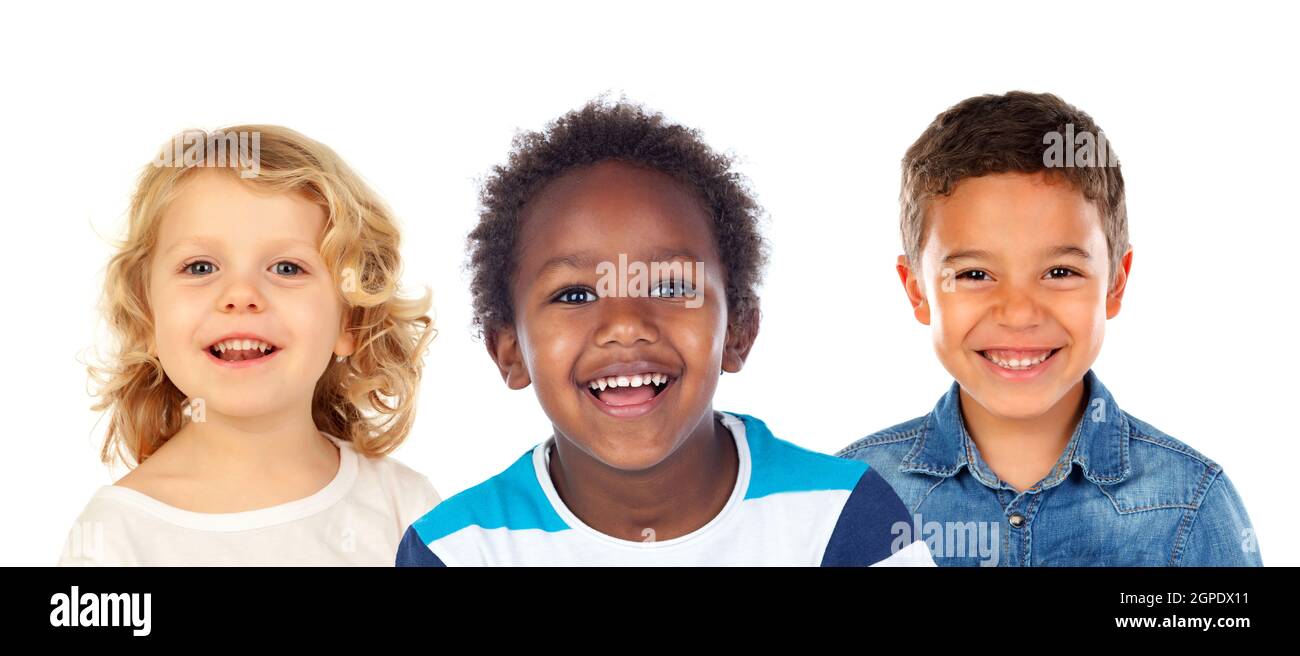 Three different children together isolated on a white background Stock ...