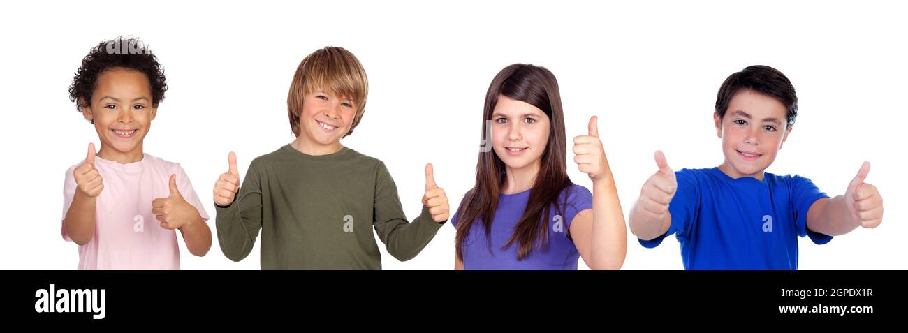 Happy children saying Ok with their thumbs isolated on a white ...