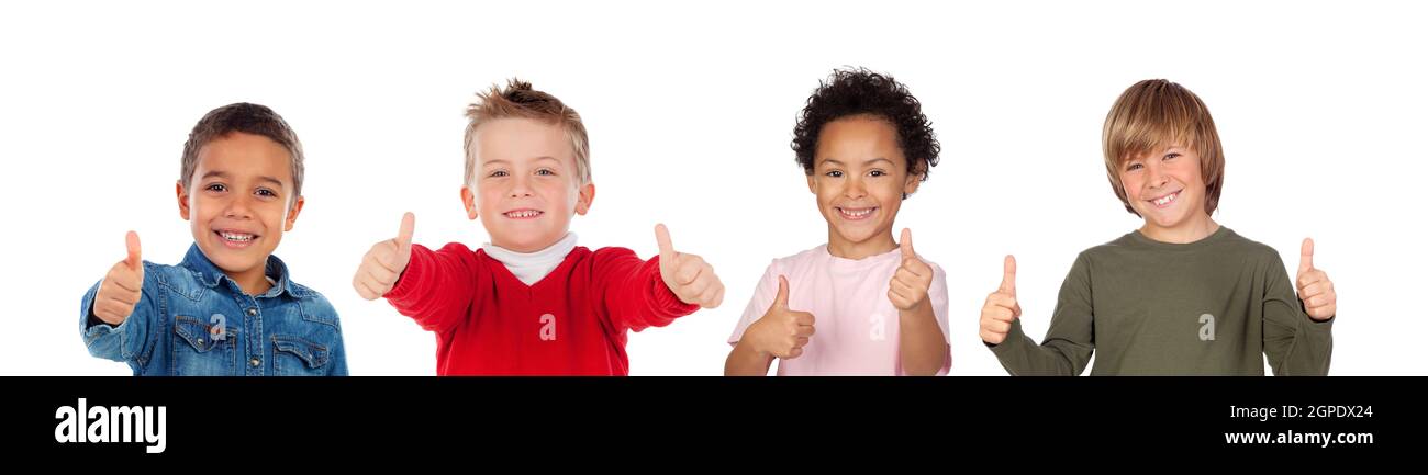 Happy children saying Ok with their thumbs isolated on a white ...
