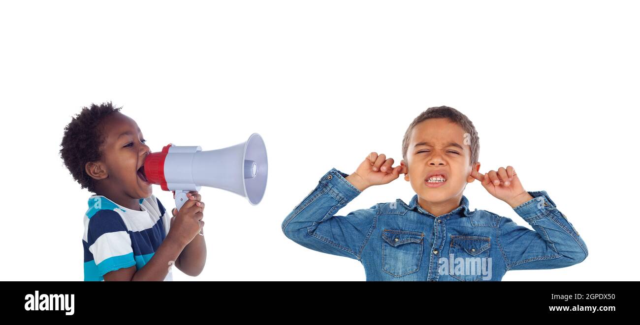 Two happy small children saying Ok and laughing isolated on a white ...