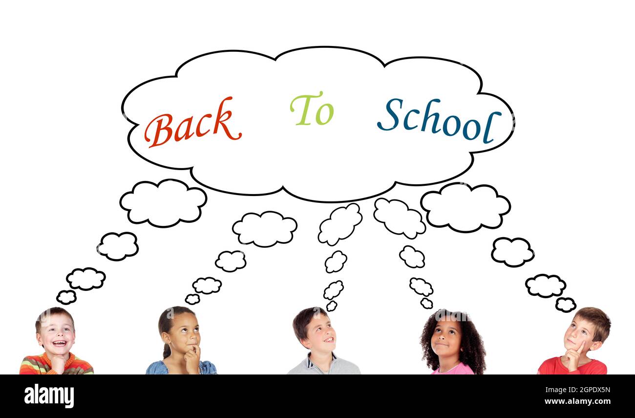 Five pensive children thinking about the back to school isolated on a ...
