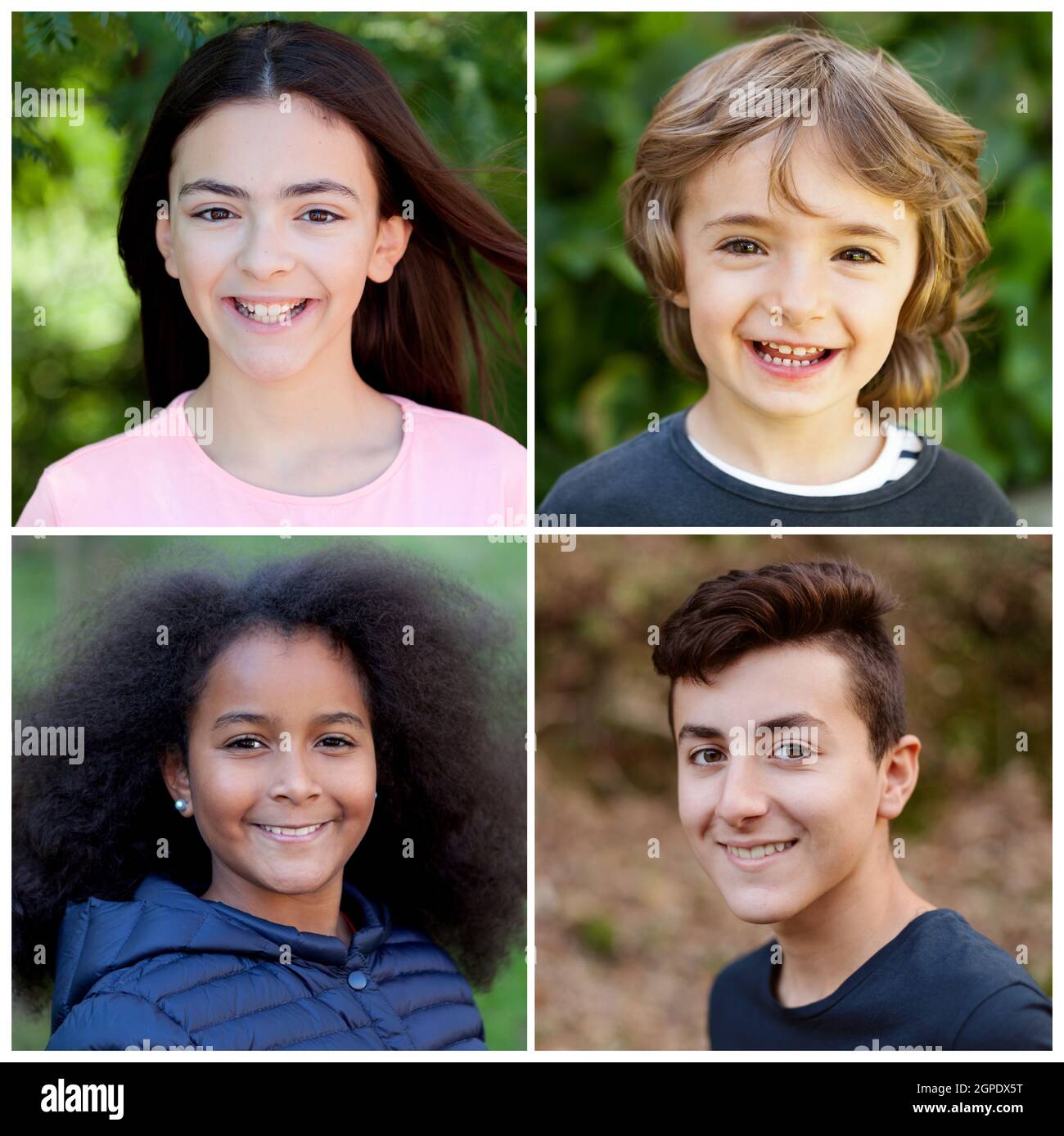 Four beautiful portraits with smiling children and teenagers Stock ...