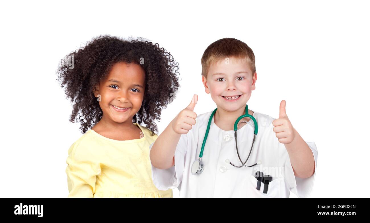 Child wearing a doctor uniform with a patient isolated on a white ...