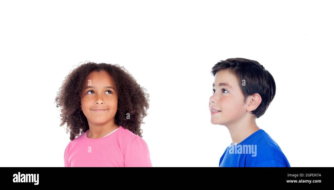 Pensive classmates looking up isolated on a white background Stock ...
