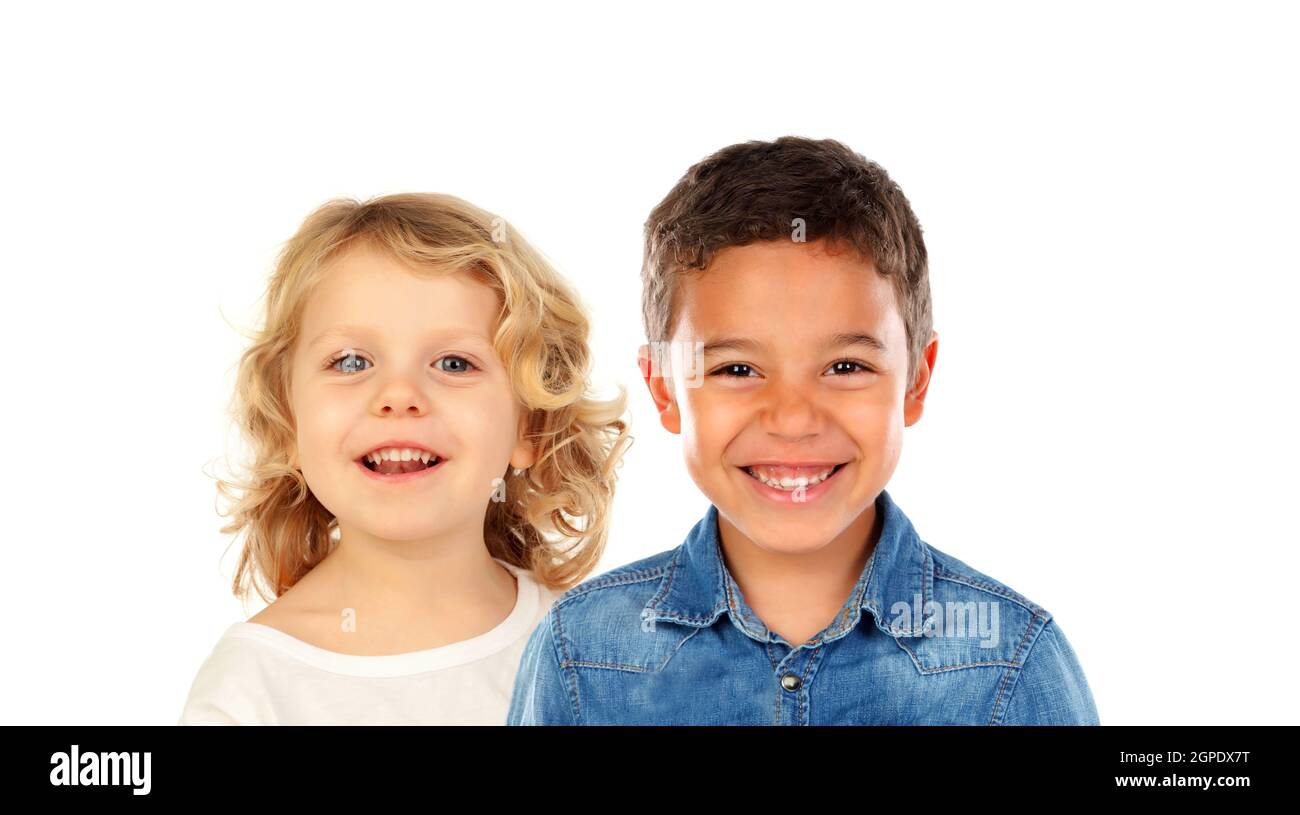 Happy children looking at camera isolated on a white background Stock ...
