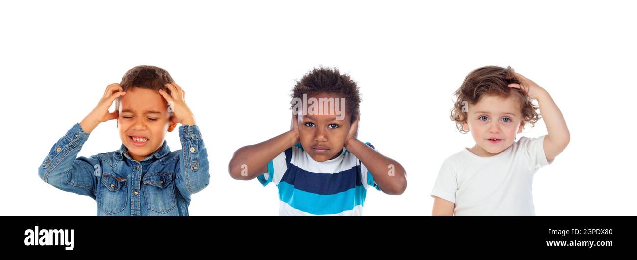 Three worried children together isolated on a white background Stock ...