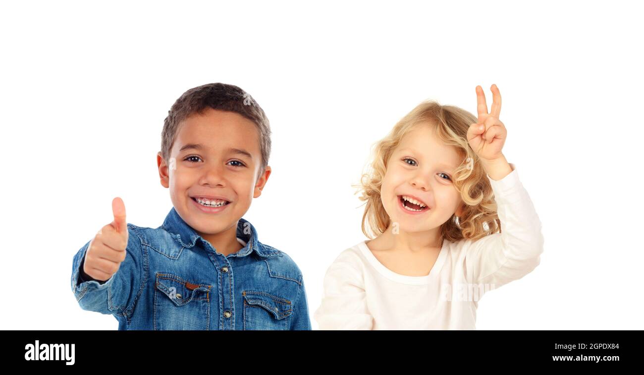 Happy winner children isolated on a white background Stock Photo - Alamy